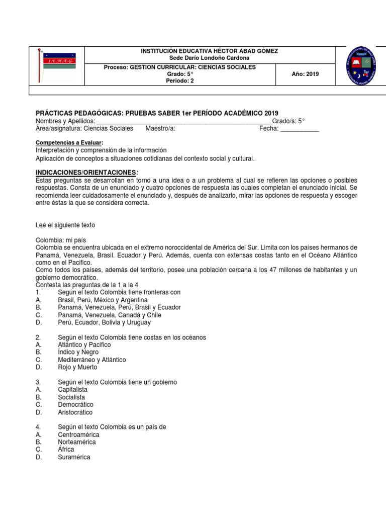 Evaluación Ciencias Sociales 5° Grado | PDF | Andes | Colombia