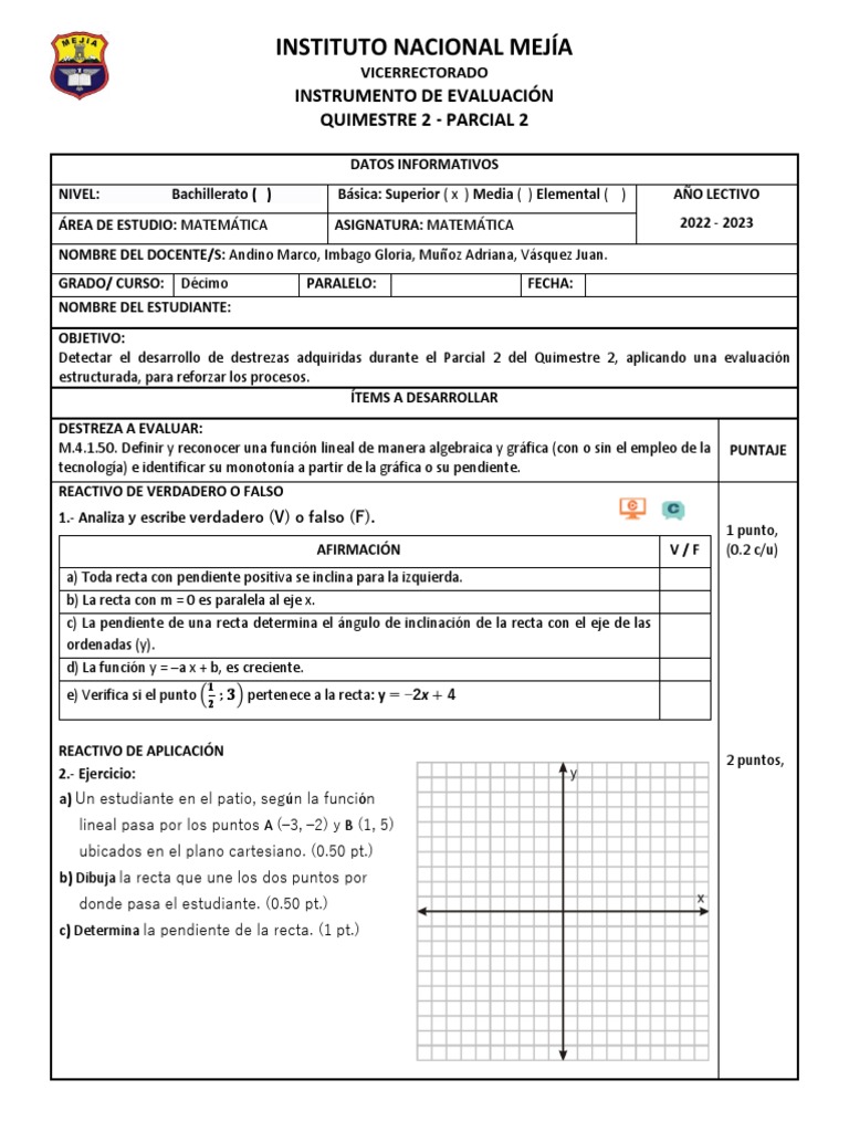 EVALUACION Q2- P4 10mo | PDF | Ecuaciones | Pendiente