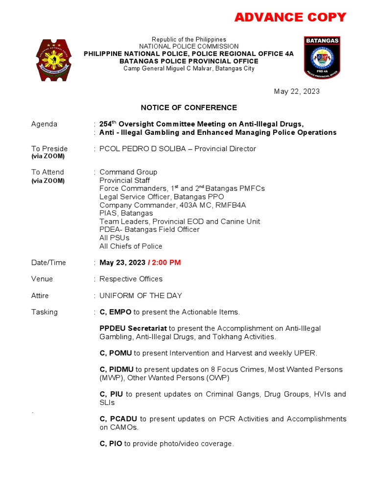 MSG NO 14 Notice of Conference 254th Oversight Committee Meeting AID, AIG and E-MPO PPO | PDF ...
