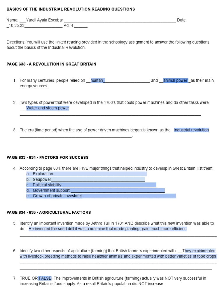BASICS OF THE INDUSTRIAL REVOLUTION READING QUESTIONS | PDF | Weaving ...