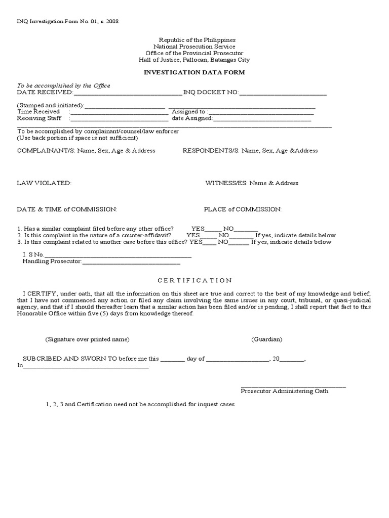 Investigation Data Form: To Be Accomplished by The Office | PDF ...