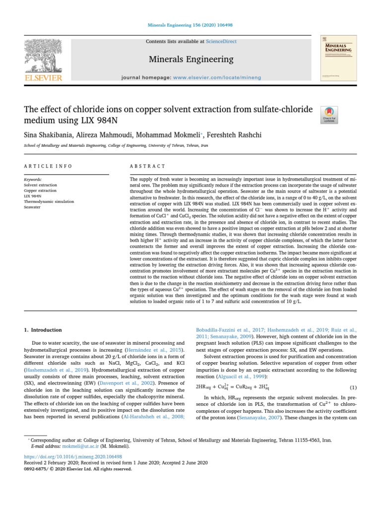 The Effect of Chloride Ions On Copper Solvent Extraction From Sulfate ...