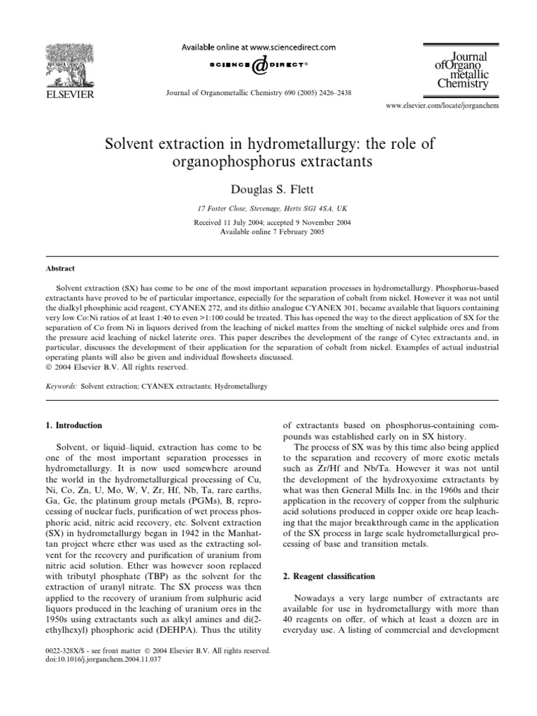 Solvent Extraction in Hydrometallurgy The Role of Organophosphorus ...