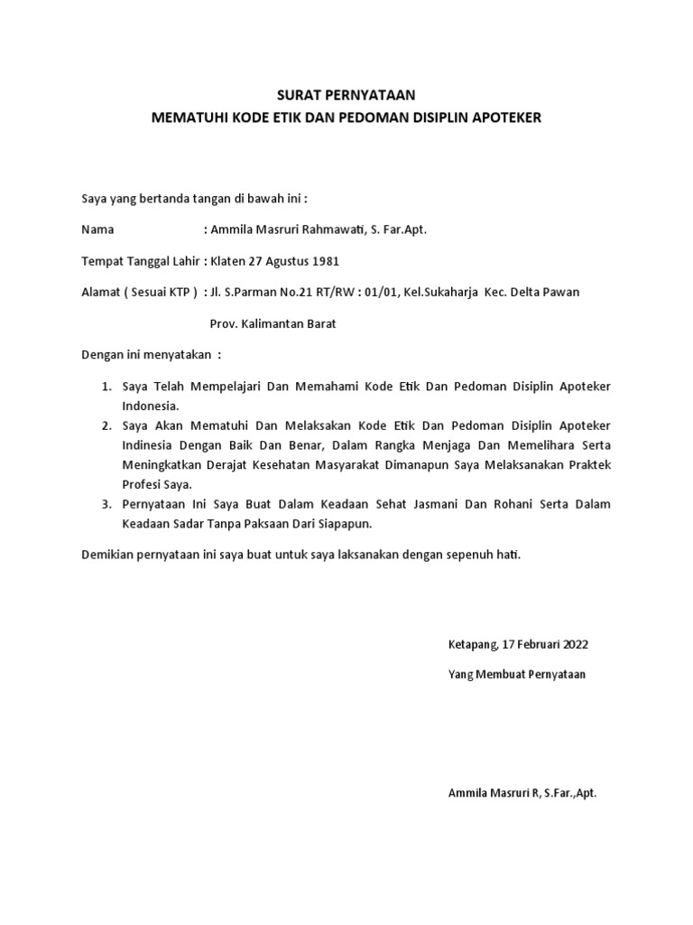SURAT PERNYATAAN Kode Etik Apt | PDF