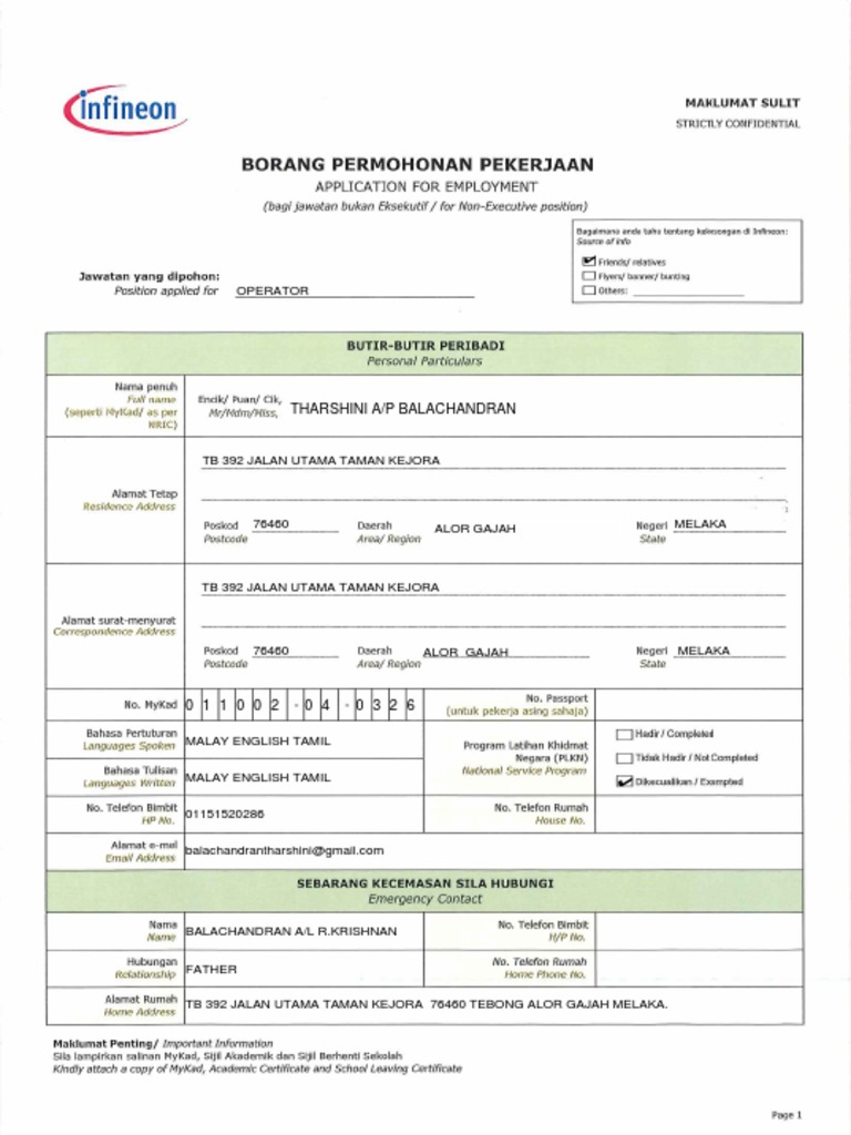 Borang Permohonan Pekerjaan Infineon Melaka | PDF