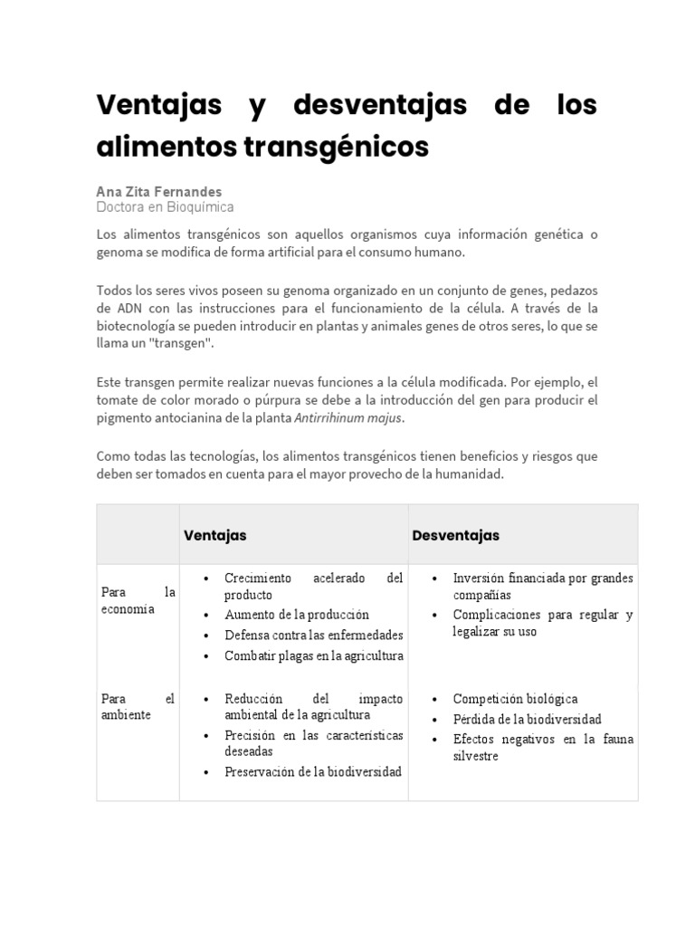 Ventajas y Desventajas de Los Alimentos Transgénicos: Ana Zita ...