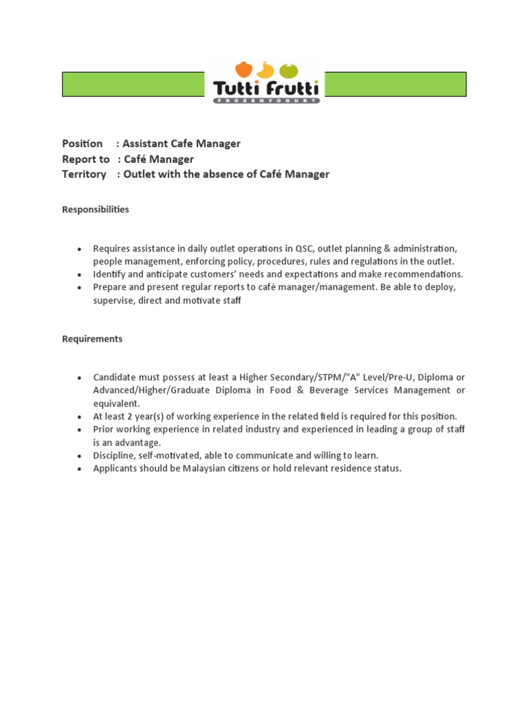 Cafe Assistant Manager Job Description | PDF
