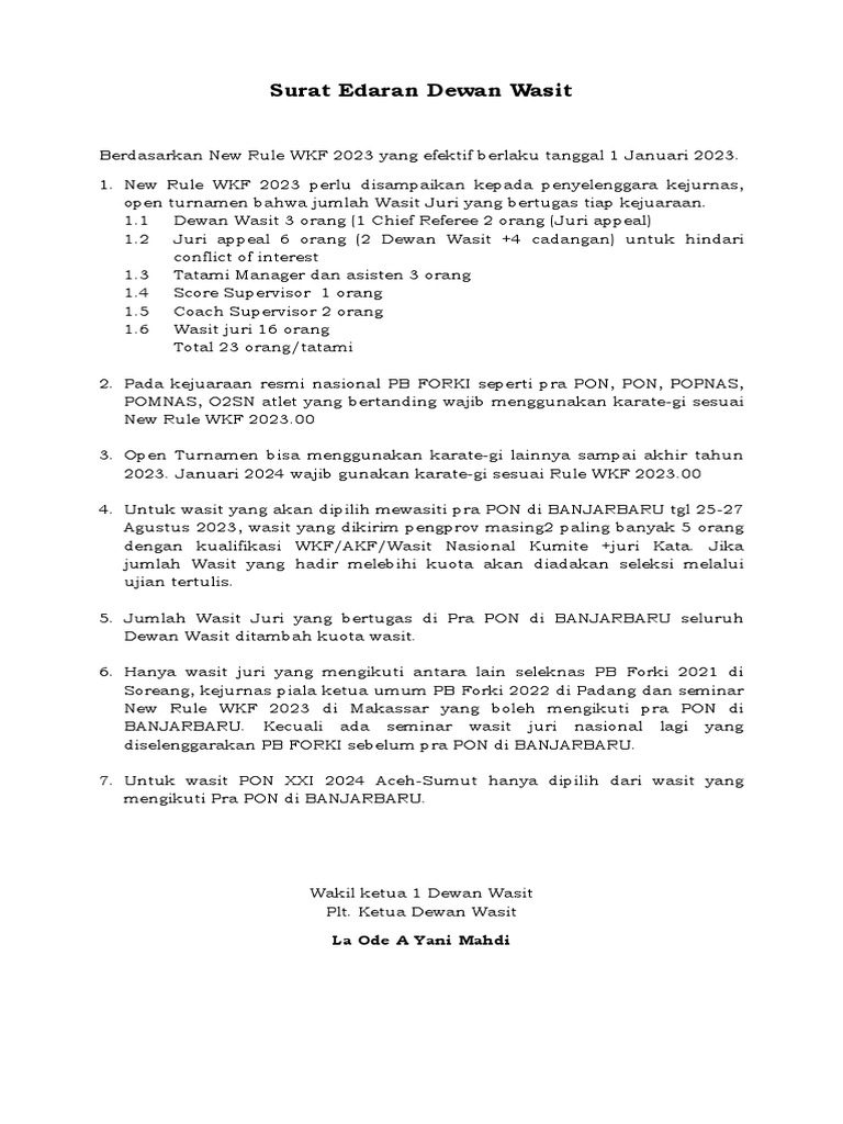 Surat Edaran Dewan Wasit New Rules WKF 2023 | PDF