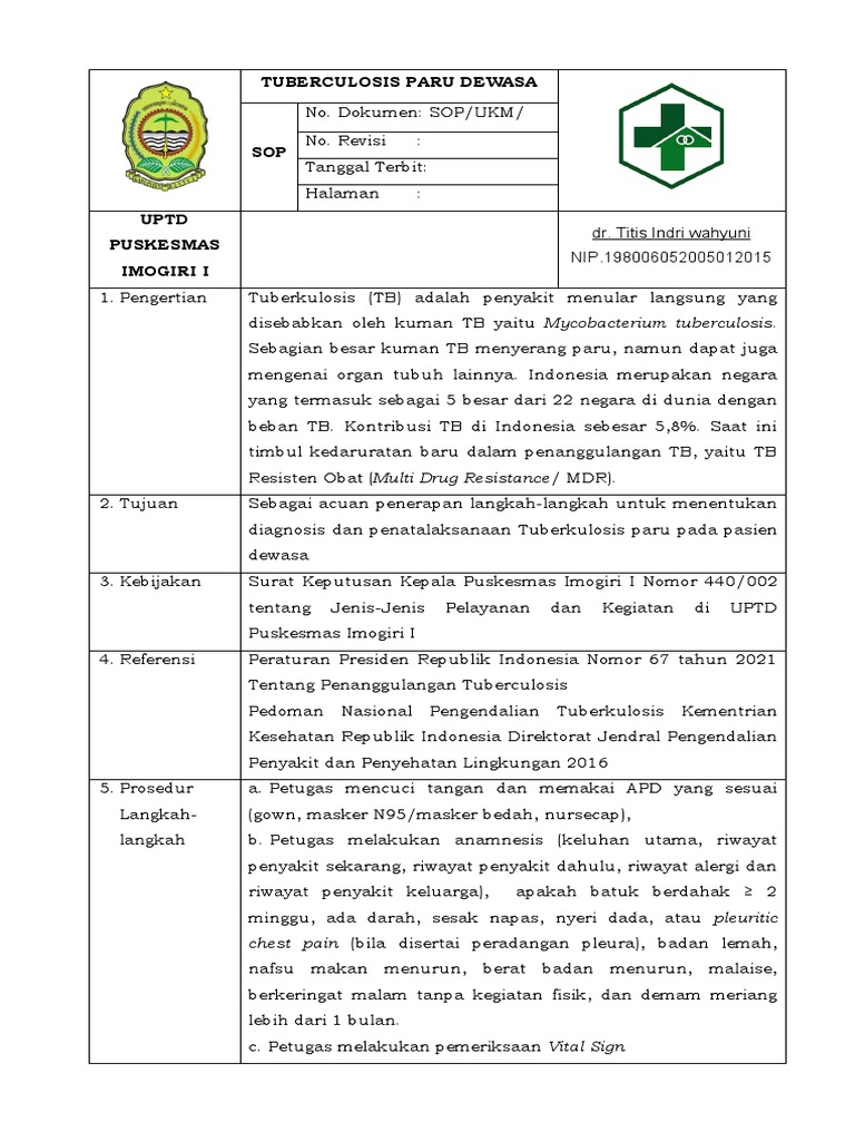 SOP Tatalaksana TB Dewasa Imo 1 | PDF