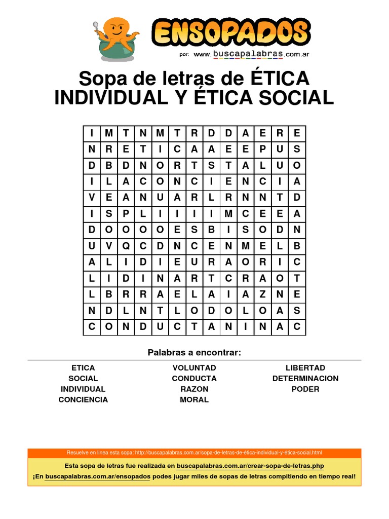 Sopa de Letras de Ética Individual y Ética Social | PDF