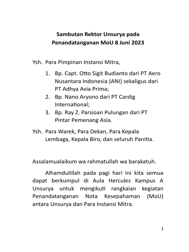 Sambutan Rektor Unsurya Pada Penandatanganan MoU - 8 Juni 2023 | PDF