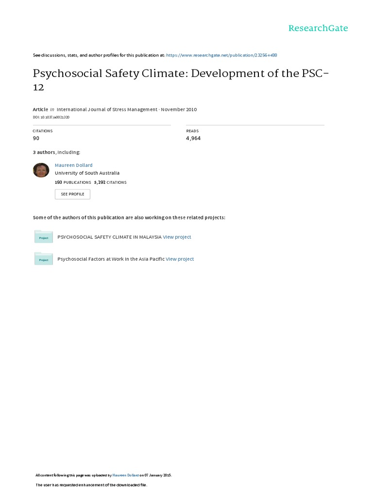 Psychosocial Safety Climate Development of The PSC 12 | PDF | Occupational Stress | Psychology