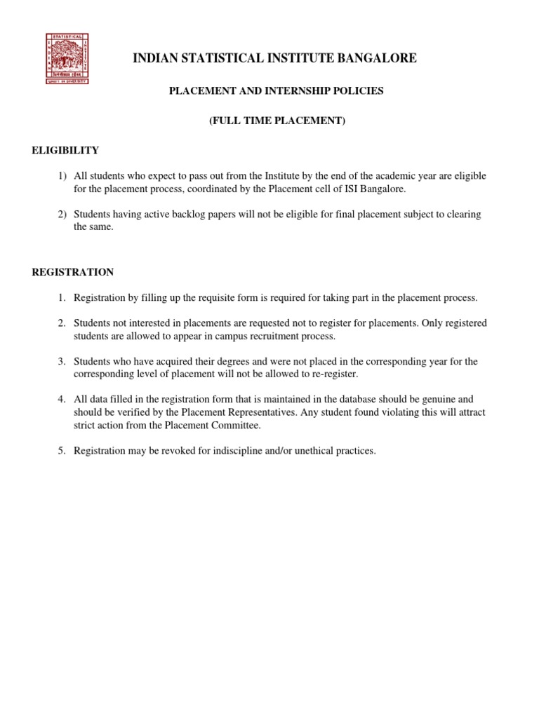 ISI Placement Policies | PDF | Internship | Job Hunting
