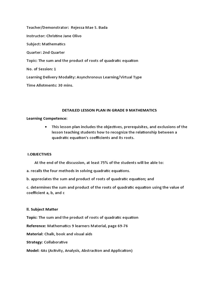 4as Lesson Plan - Bada - Math 22 | PDF | Quadratic Equation | Lesson Plan