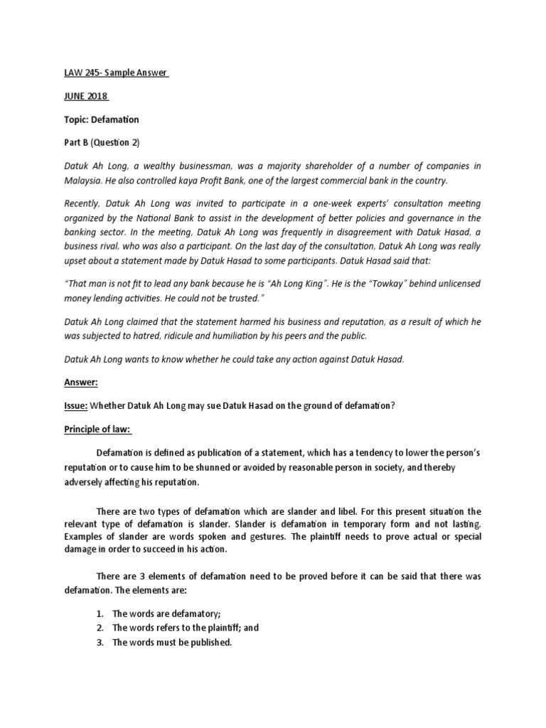 Sample Answer Law 245 Defamation | Download Free PDF | Defamation | Justice