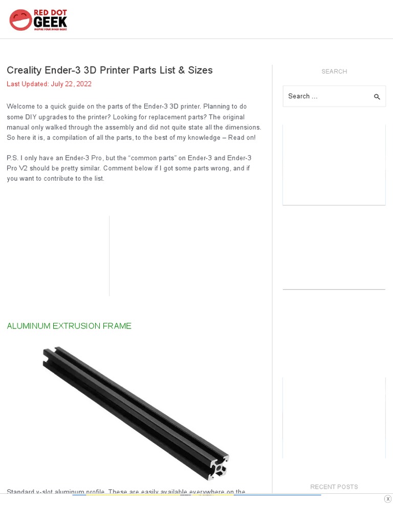 Creality Ender-3 3D Printer Parts List & Sizes | PDF | Manufactured ...
