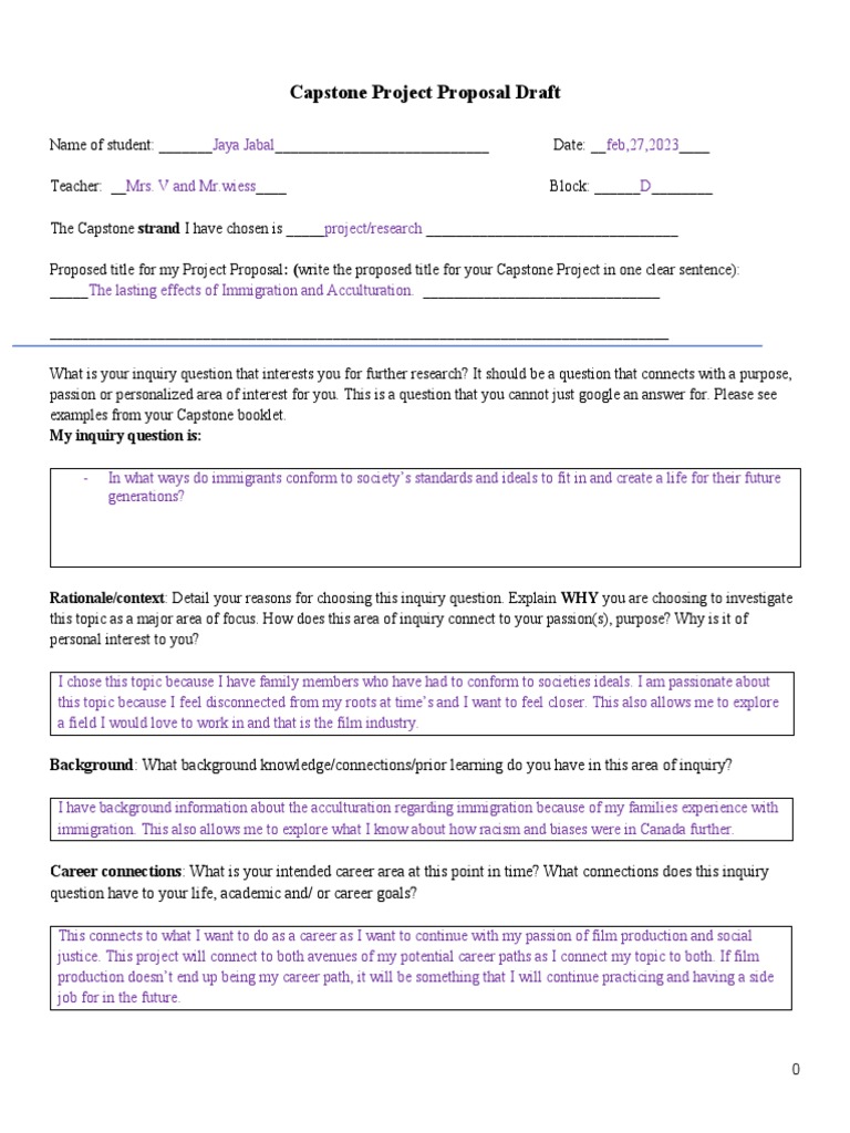 edited - capstone project proposal draft student fillable | PDF