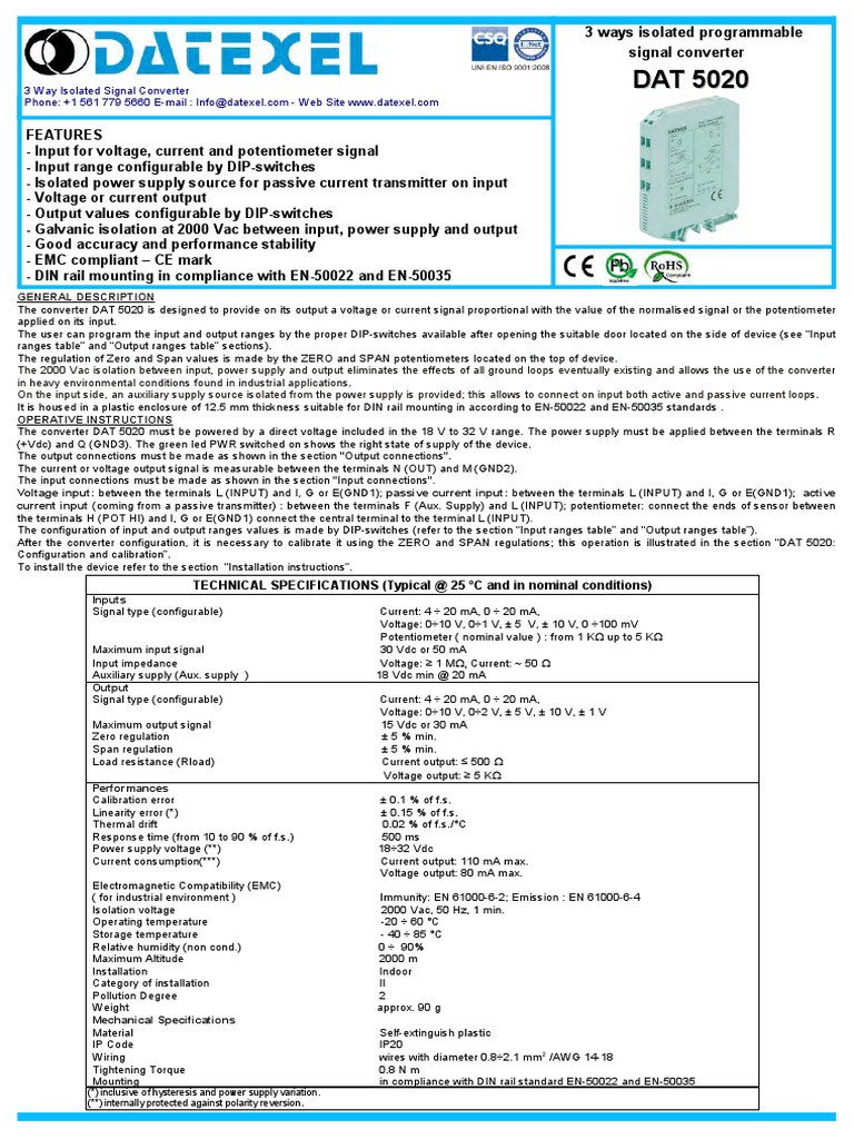 3-Way Isolated Signal Converter DAT 5020 | PDF | Power Supply ...