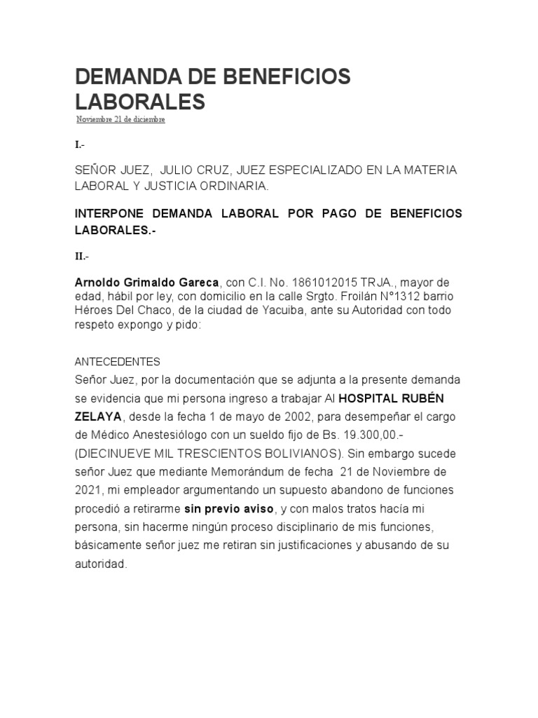 Demanda por Beneficios Laborales | PDF