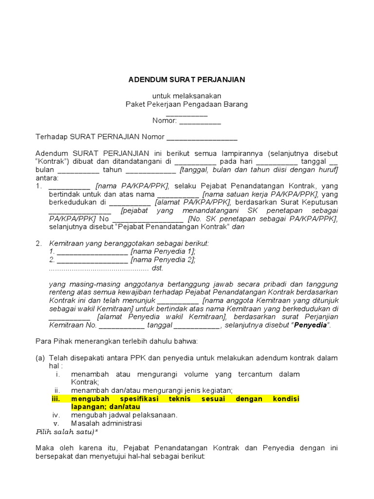 Adendum Kontrak Tender Pengadaan Barang Contoh | PDF