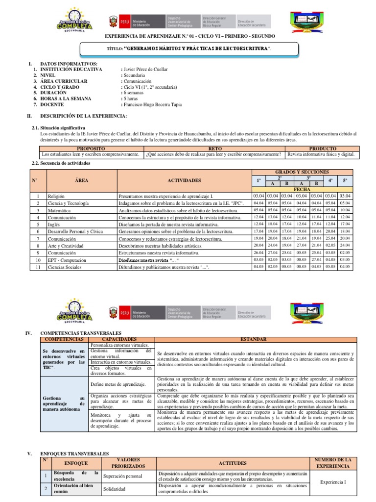 Experiencia De Aprendizaje Comunicacion 1ero Y 2do Pdf