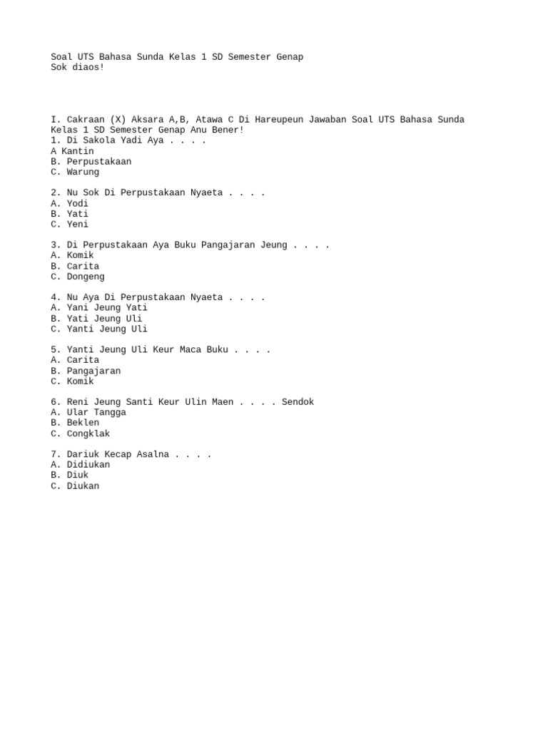 Soal UTS Bahasa Sunda Kelas 1 SD Semester Genap | PDF Soal UTS Bahasa Sunda Kelas 1 SD Semester Genap | PDF