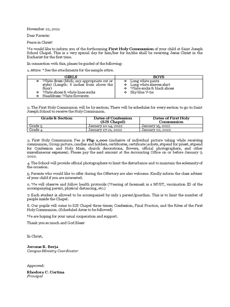 First Holy Communion Letter | PDF