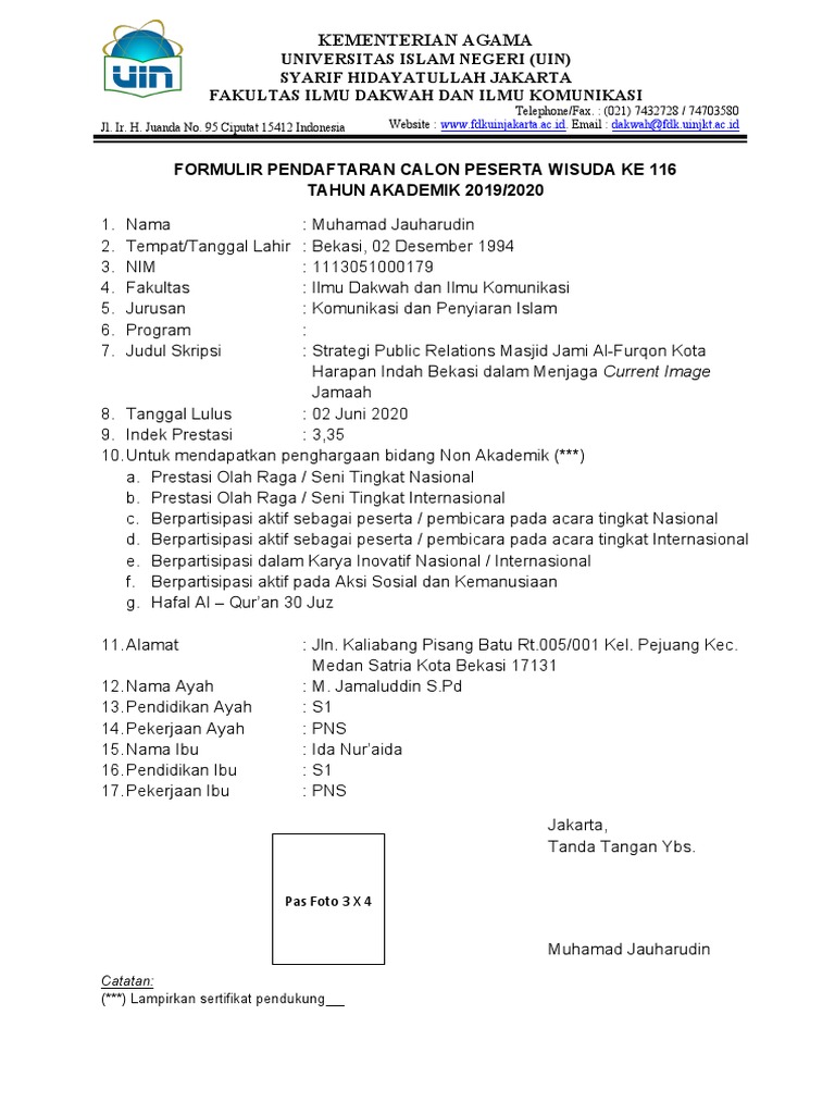 Form Wisuda Jauharudinasu | PDF