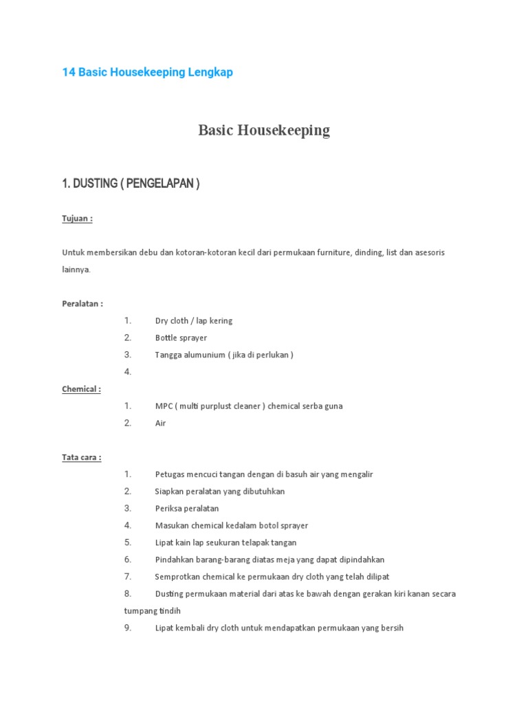Basic Housekeeping Lengkap | PDF | Hygiene | Manufactured Goods