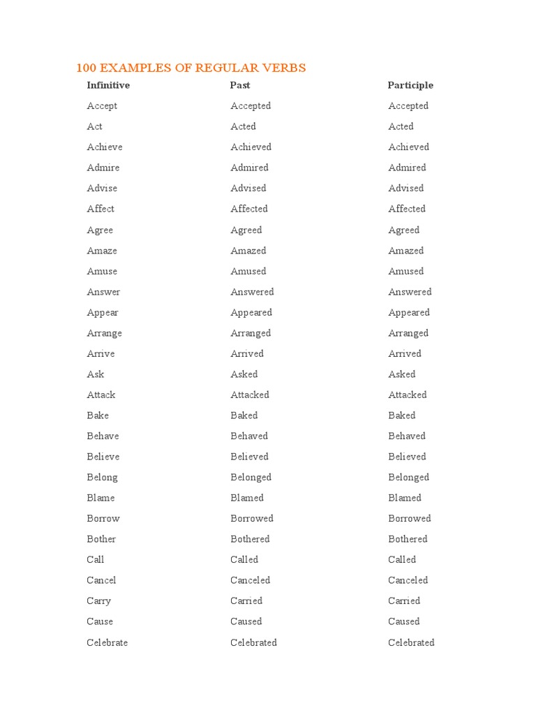100 EXAMPLES OF REGULAR VERBS | PDF