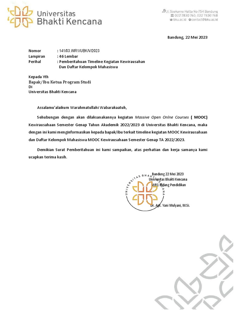 Surat Pemberitahuan Timeline Kewirausahaan Dan Daftar Kelompok ...