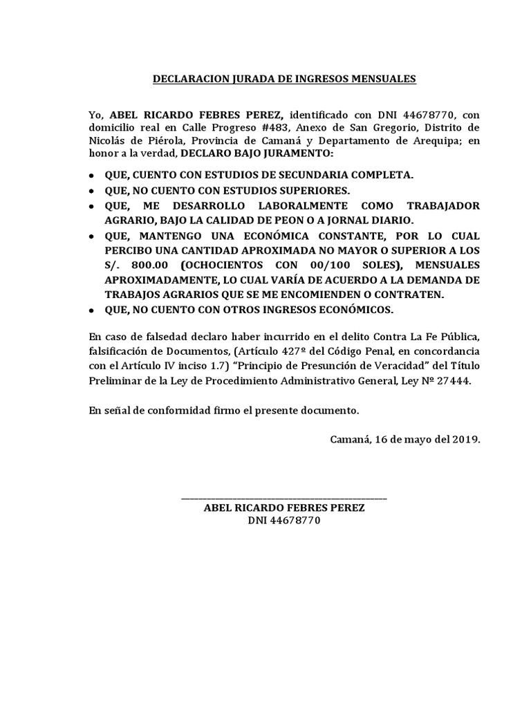 Declaración Jurada de Ingresos Mensuales | PDF | Negocios