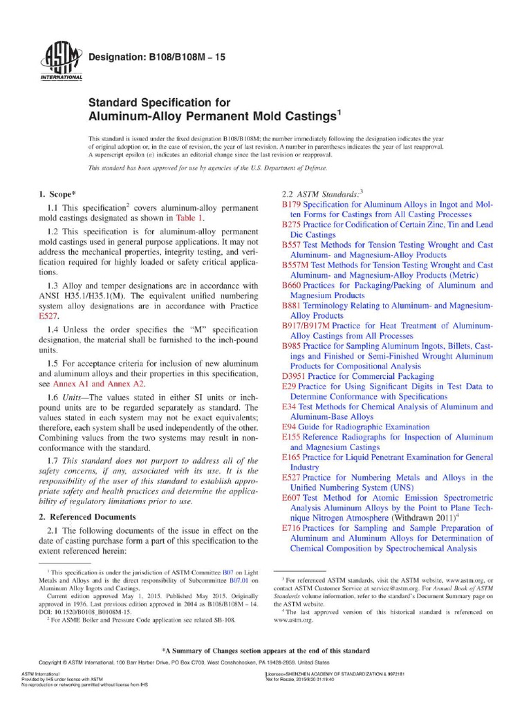 ASTM B108B108M 15 Standard Specification For Aluminum Alloy Permanent Mold Castings | PDF ...