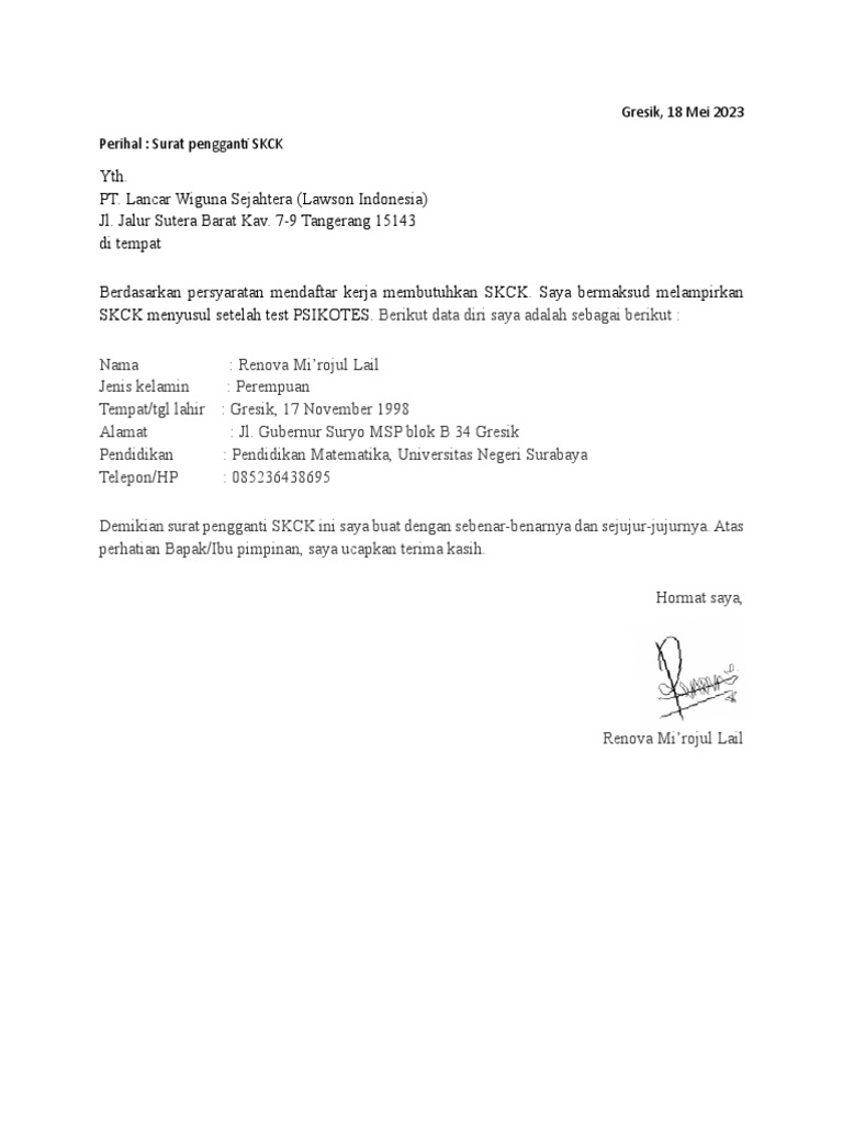 Surat Pengganti SKCK untuk Lamaran Kerja | PDF