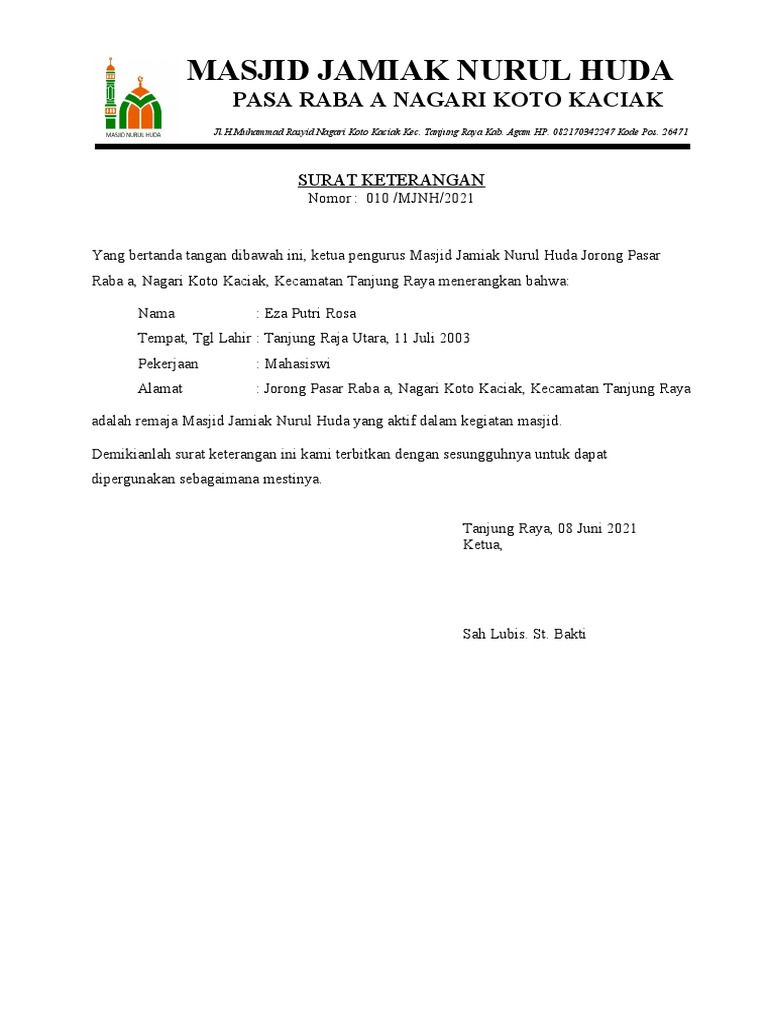 Surat Keterangan Eza Putri Rosa | PDF