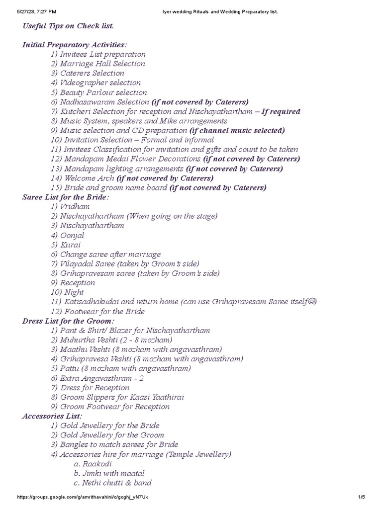 Iyer Wedding Rituals and Wedding Preparatory List | PDF | Wedding | Bride