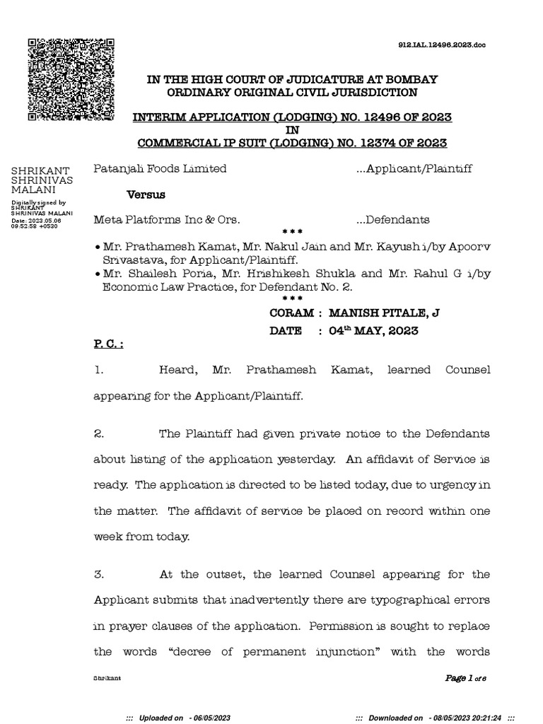 Trademark Dispute: Patanjali vs Meta | PDF | Trademark | Injunction