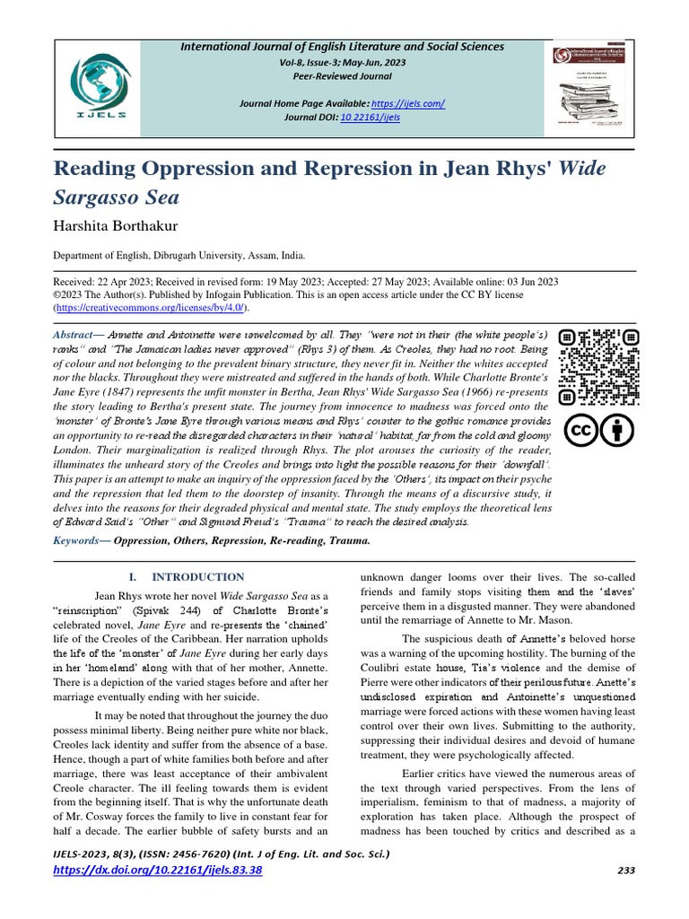 Reading Oppression and Repression in Jean Rhys' Wide Sargasso Sea | PDF ...