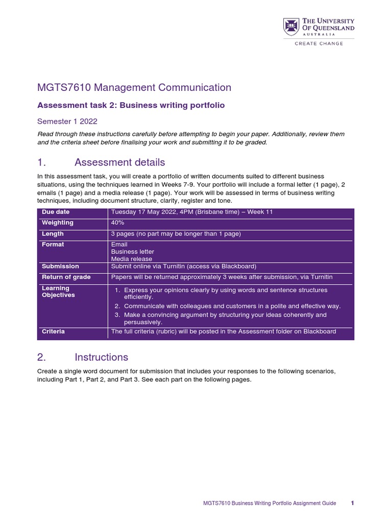 MGTS7160 Assignment Guide - 2022 - S1 - Business Writing Portfolio | PDF