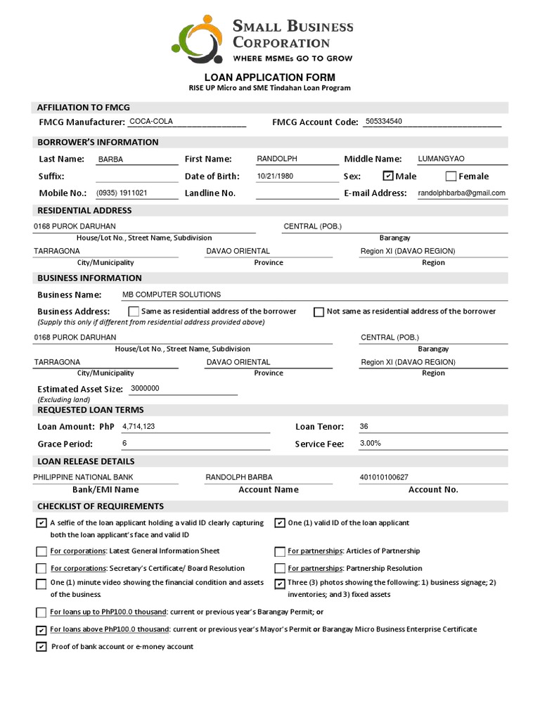 SBC Application Form | PDF | Loans | Business