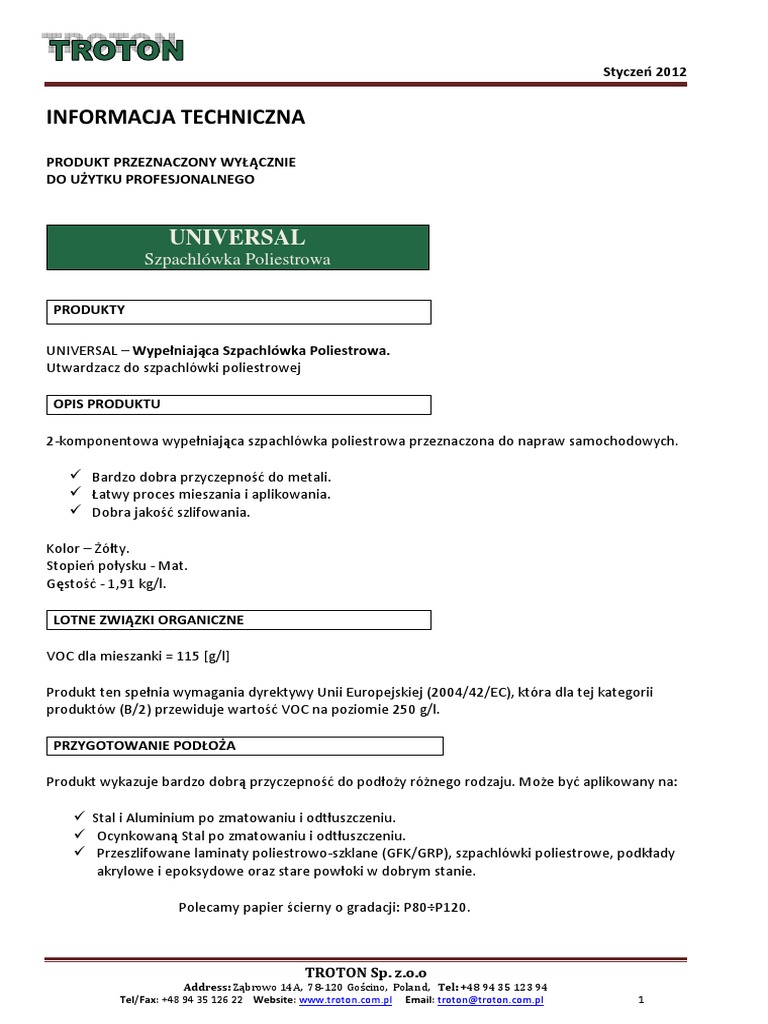 Karta Techniczna Szpachlowka Universal | PDF