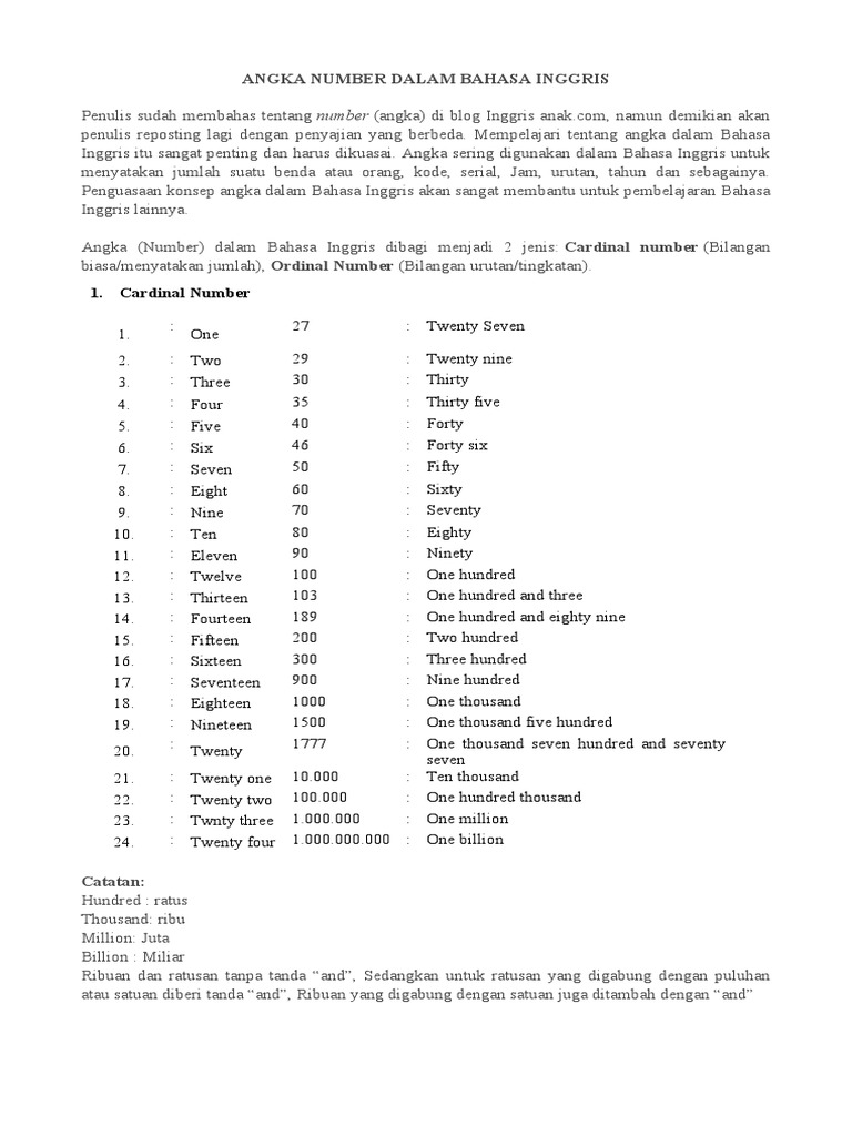 Angka Number Dalam Bahasa Inggris | PDF