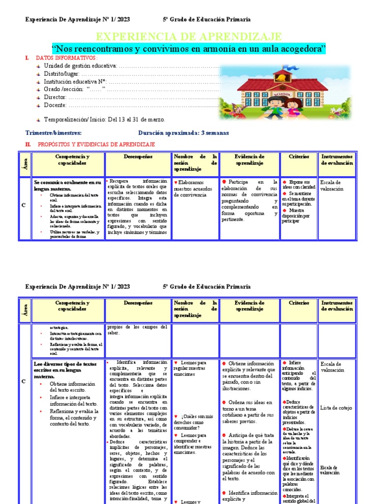 Experiencia de Aprendizaje #1 - 5to Grado Marzo | PDF