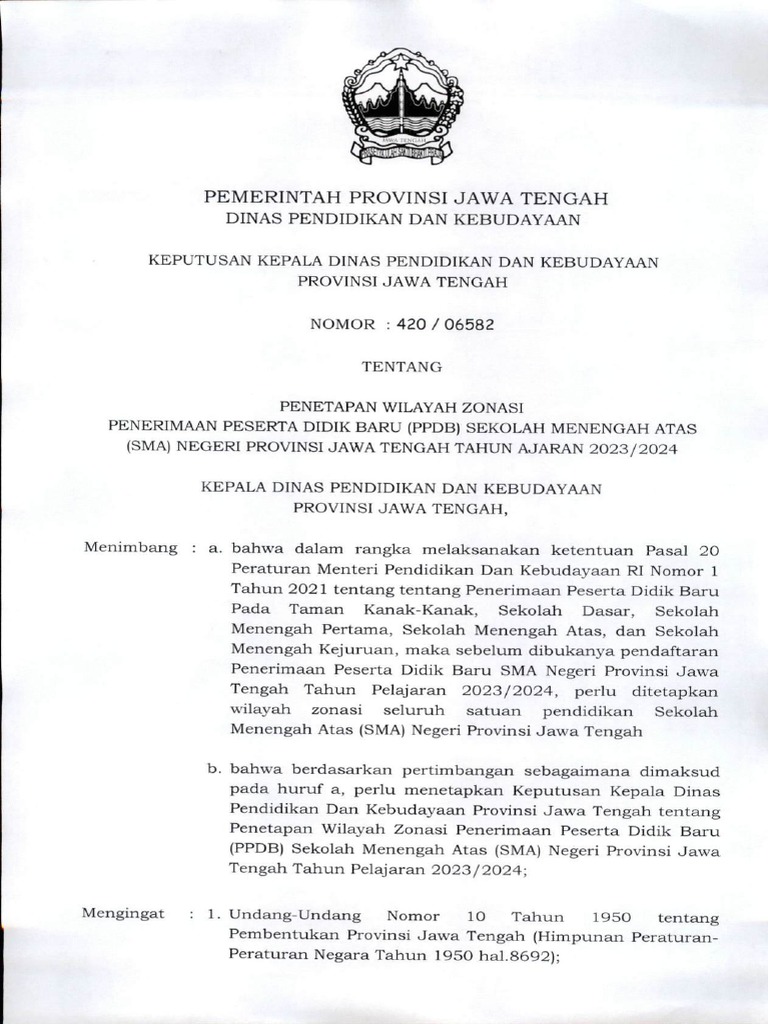 Publikasi - SK Penetapan Wilayah Zonasi PPBD SMAN Prov. Jateng 2023 | PDF