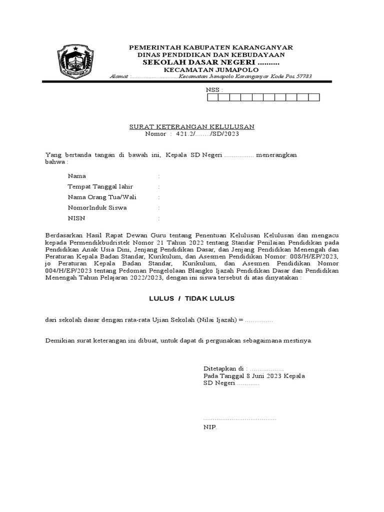 Format Pengumuman Kelulusan SD 2023 | PDF