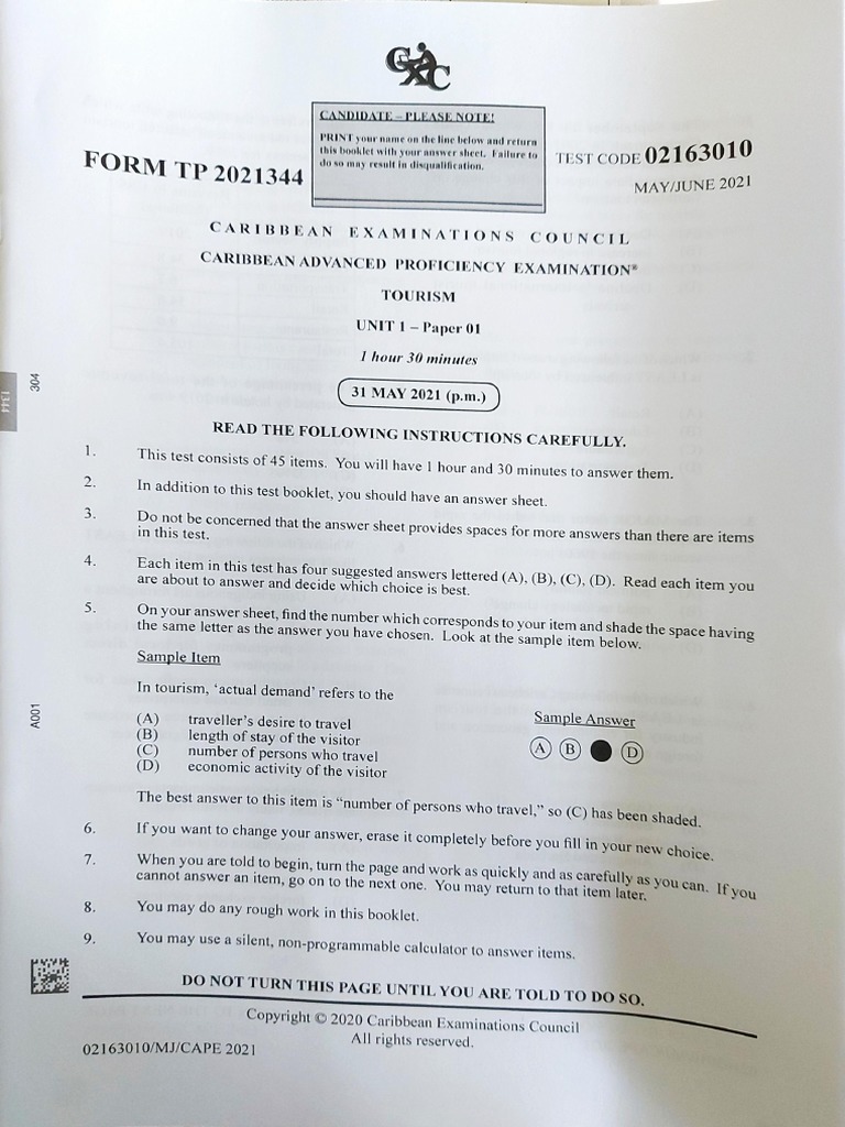 2021 Tourism Unit 1 P1 | PDF