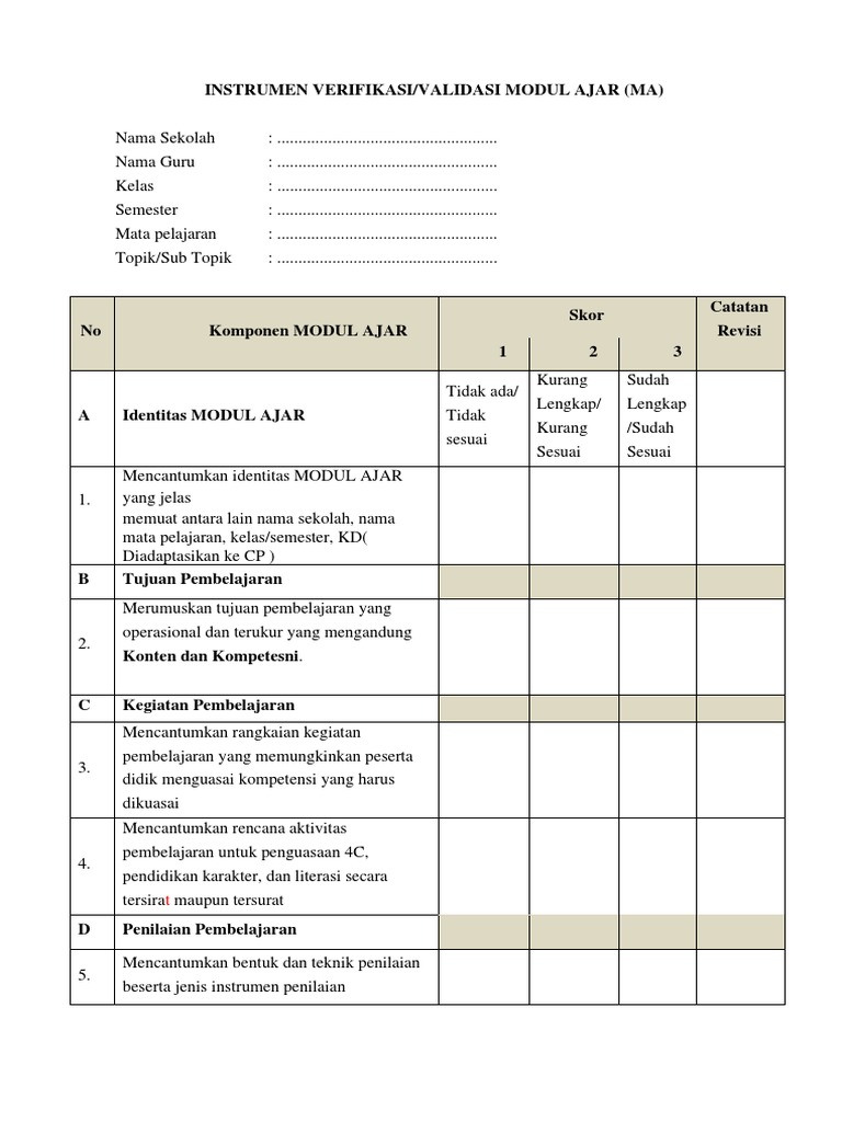 Instrumen Verifikasi-Validasi Modul Ajar (MA) | PDF