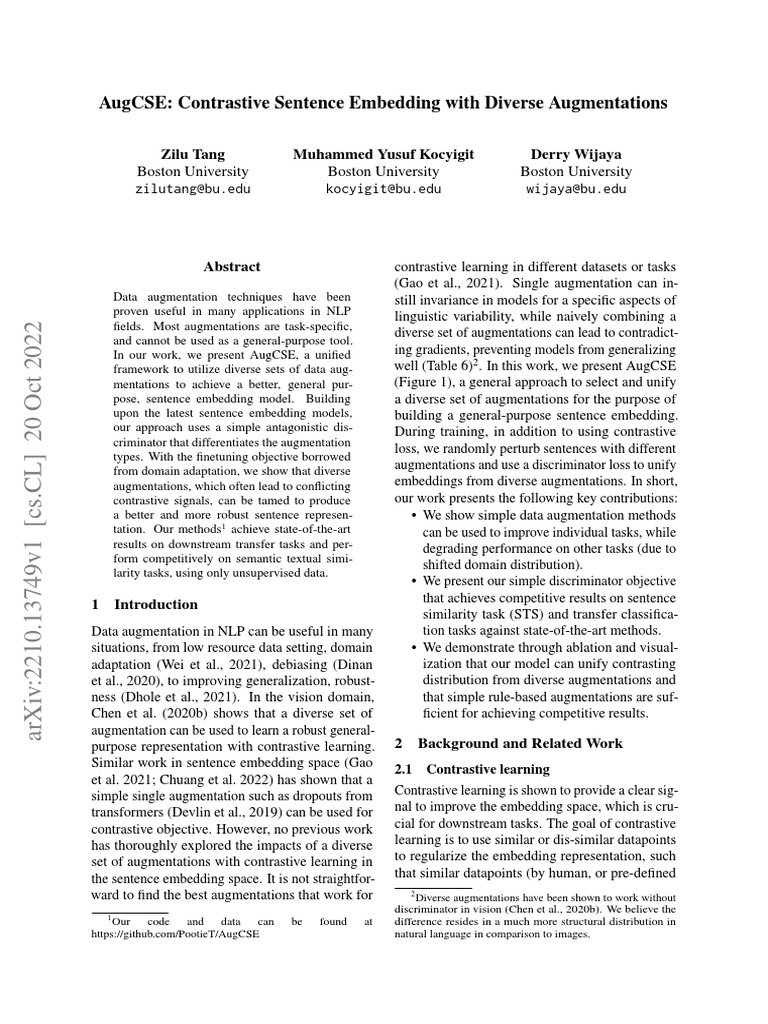 AugCSE: Contrastive Sentence Embedding With Diverse Augmentations | PDF | Learning | Thought
