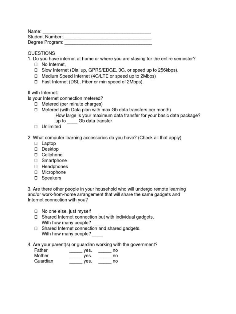 Questionnaire on Internet Connectivity | PDF