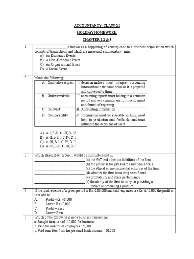 Holiday Home Work Chapter 1-3 | PDF